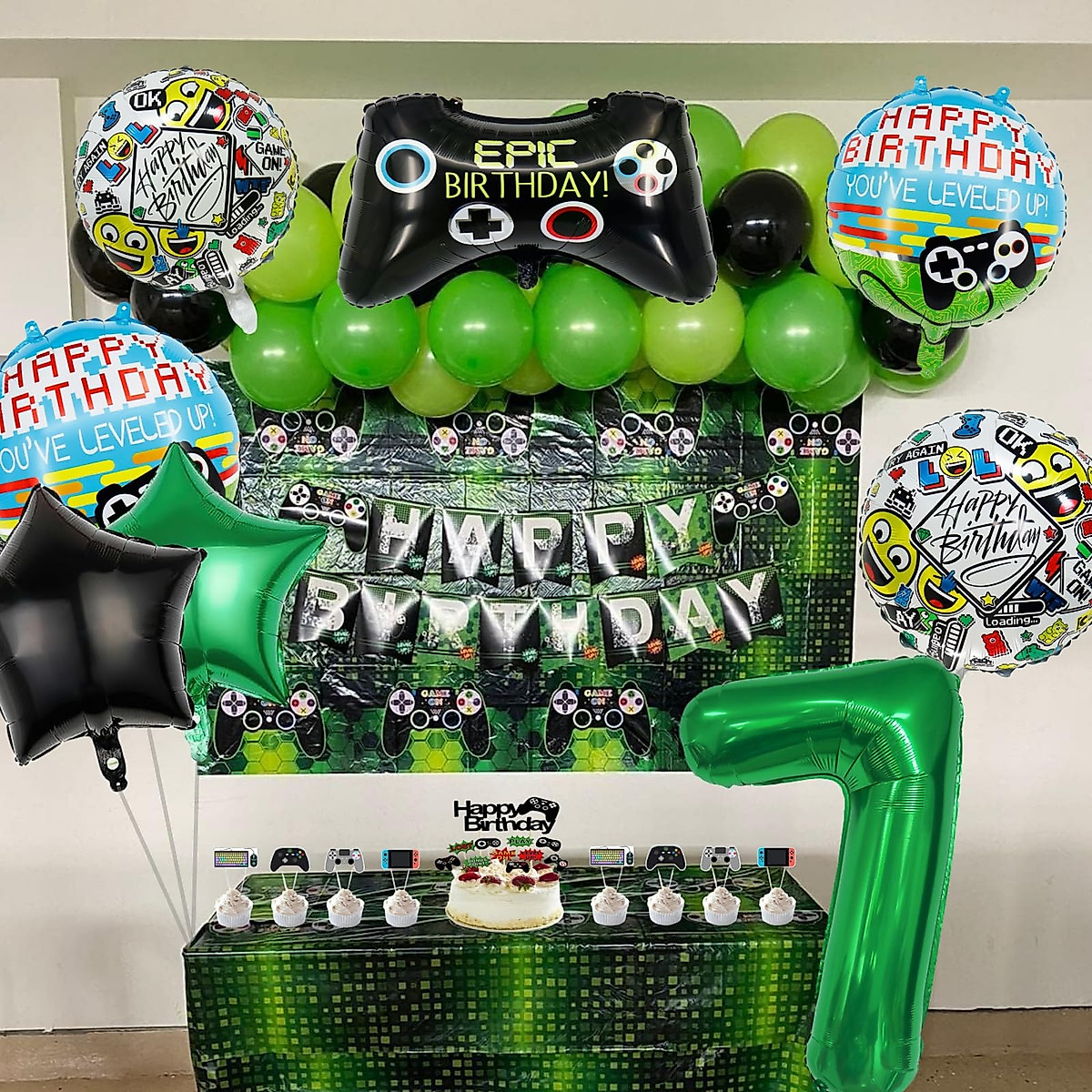 Video Game Party Balloons Include Game Controller Birthday Balloons Green Number 7 Foil Balloon Round Gaming Balloons Star Foil Balloons for Kids Boys 7th Birthday Decorations