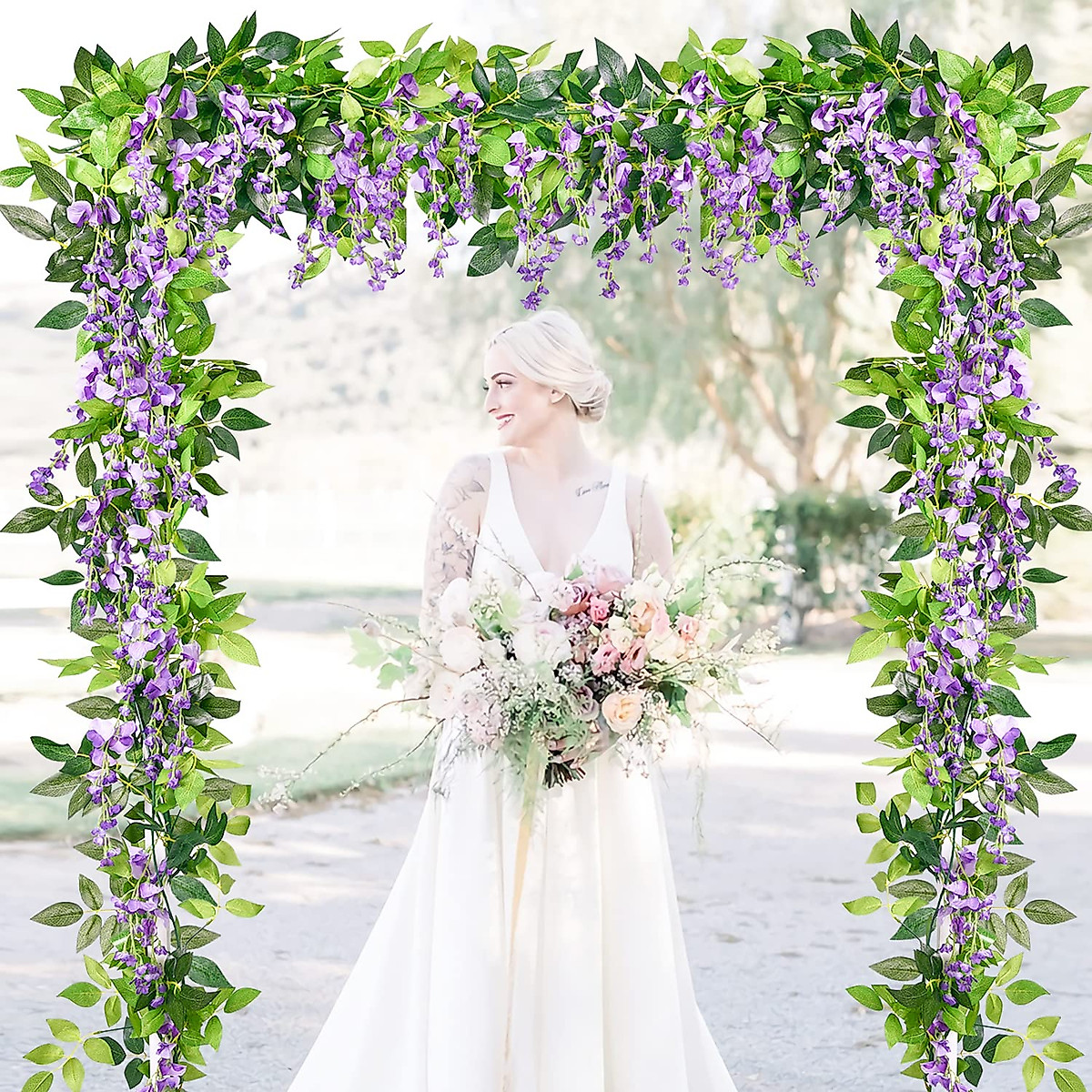 Sunm Boutique 4Pcs 6.6FT Artificial Flowers Silk Wisteria Garland Artificial Wisteria Vine Rattan Silk Hanging Flower Purple Wisteria Vine Flower for Home Garden Ceremony Wedding Arch Floral Decor