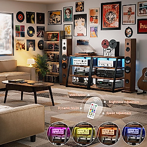 armocity 4-Tier AV Media Stand with Power Strips, Corner TV Stand with LED Lights, Rack Audio Tower with Adjustable Shelves, Corner Entertainment Center, 30'', Rustic Brown