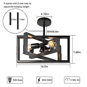HuisMier 3 Lights Farmhouse Ceiling Light, Rustic Black Semi Flush Mount Ceiling Light Fixture Rectangular Metal Chandelier Lighting for Kitchen Foyer Hallway Bedroom Living Room Bathroom Entrance