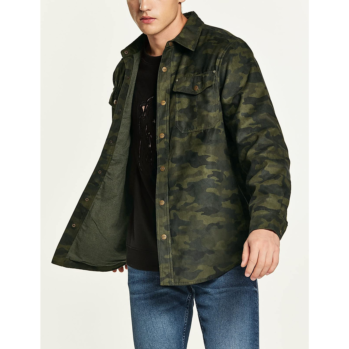 CQR Men's Flannel Lined Shirt Jackets, Long Sleeved Rugged Plaid Cotton Brushed Suede Shirt Jacket, Flannel Print Lined Camo Olive, X-Small