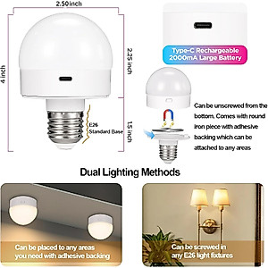 Rechargeable Battery Operated Light Bulb with Remote Control 2 Packs, 350LM Dimmable Detachable LED Bulb with 15 Colors Selectable & 3 Timer, Wireless Puck Light Bulb for Wall Sconce, Non-Hardwired