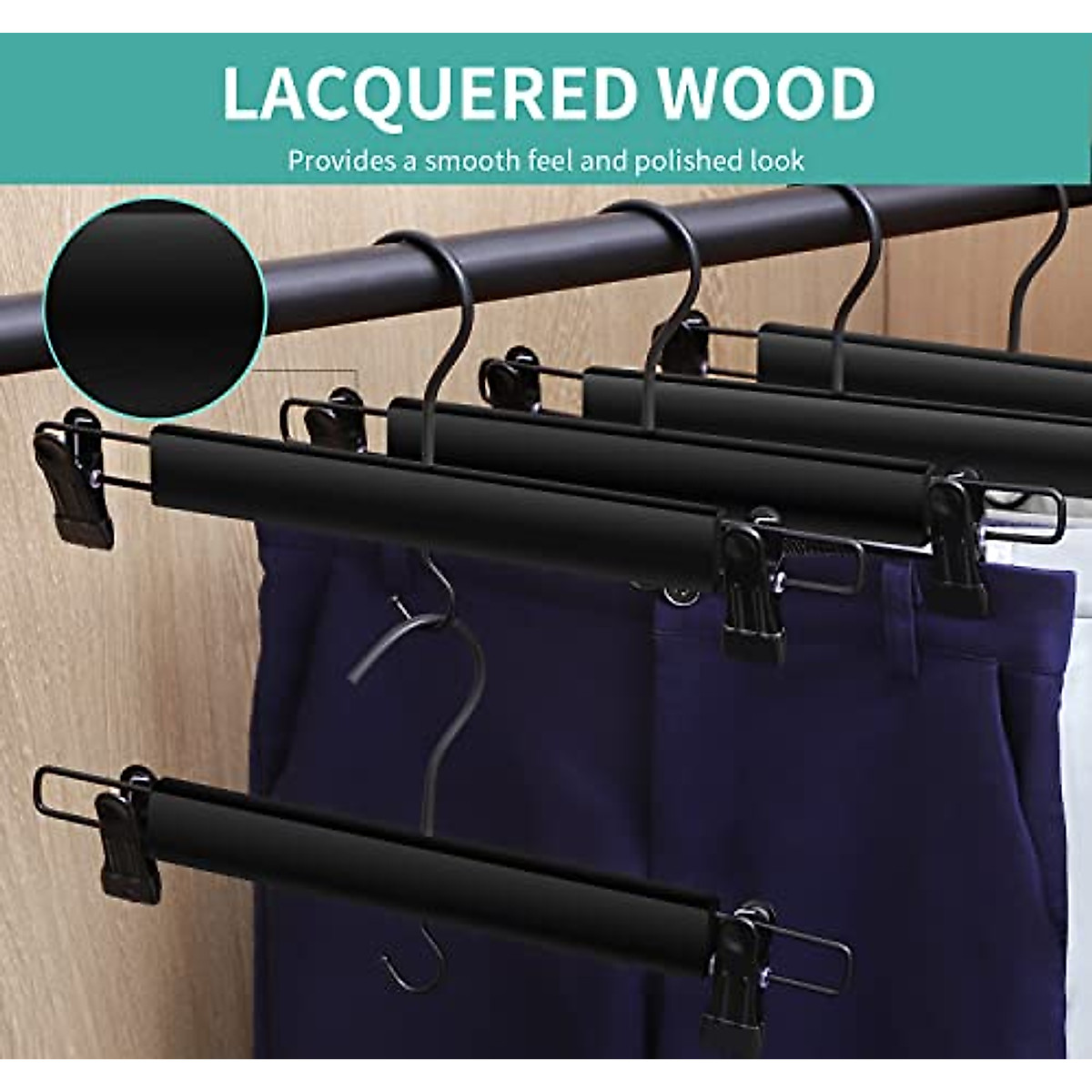 Perfecasa Premium Wooden Pants Hangers 10 Pack, Skirt Hangers with Noise Canceling Hook, Two Sure Grip Clips (Black Color)