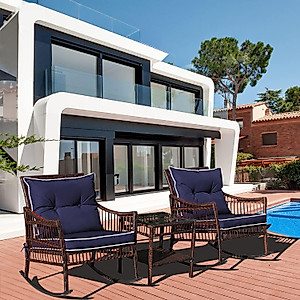 DECMICO Outdoor Rocking Chairs 3 Pieces Patio Conversation Front Porch Furniture, Wicker Rocking Chairs Bistro Set with Coffee Table for Garden and Balcony (Brown Rattan Royal Blue Cushion)