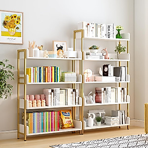 OSCHF Wide Open Shelf Bookcase - Modern 4-Tier Floor Standing Display Bookshelf with Three-Side Baffles for Home and Office, Storage Shelving in Warm White with Gold Frame