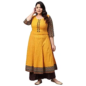 Yash Gallery Plus Size Cotton Geometric Print 3/4 Sleeve Round Neck Anarkali Kurta (Mustard Yellow, 3XL)