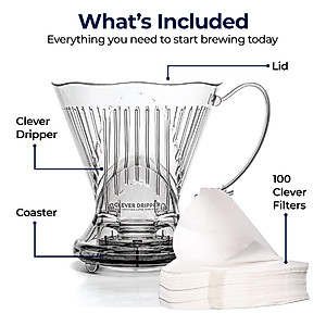 Clever Coffee Dripper and Filters, Large 18 oz, Original Classic Design, Safe BPA Free Plastic, dripper coffee maker, drip coffee maker pour over, 100 filters, coaster and lid