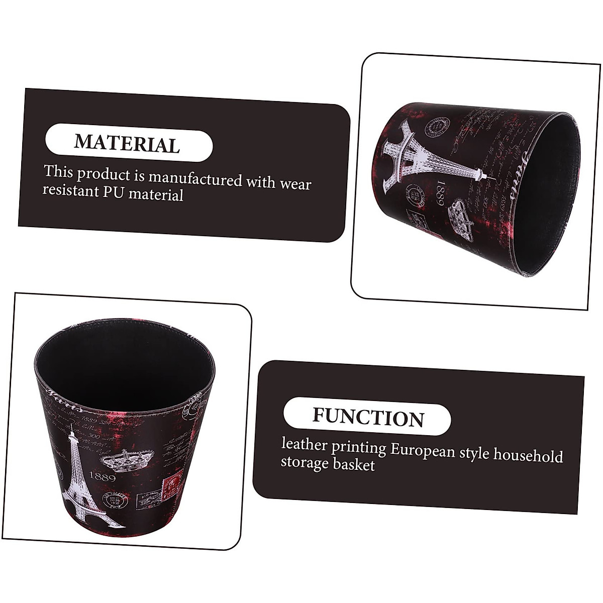 WHAMVOX Garbage Can Waste Paper Basket Metal Trash Can with Lid Decorative Trash Can Rubbish Bin 13 Gallon Trash Can Out The Office Decor Household Trash Can Eiffel Tower Desk Leather