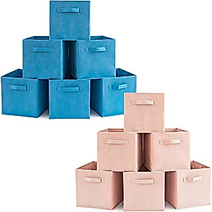 EZOWare Set of 12 Foldable Basket Bin Collapsible Storage Cube for Nursery, Kids Toys Organizer, Shelf Cabinet - (Pale Dogwood + Niagara Blue)