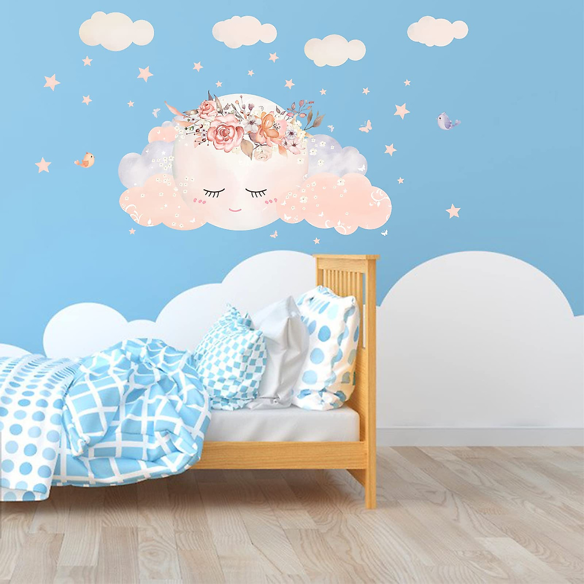 Smiling Moon Cloud Wall Decals Stickers, ULENDIS Removable Flying Birds Stars Wall Stickers, Peel and Stick Pink Clouds with Wreath Wall Art Decor for Home Dorm Party Nursery