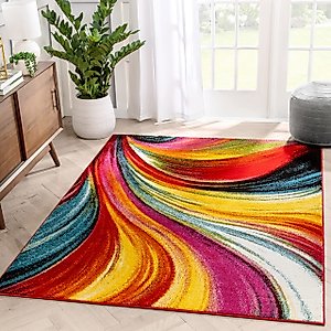 Treehouse Bohemian Patchwork Multi Pink Red Yellow Blue Orange Green Black Oriental Damask (5'3" x 7'3") Area Rug Thick Soft Plush Shed Free Easy Clean Stain Resistant