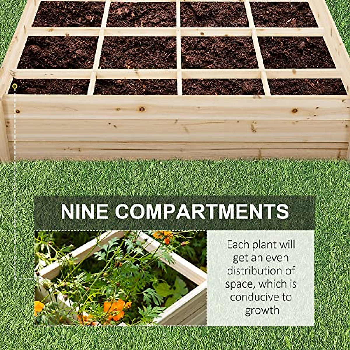 Outsunny 4ft x 4ft Raised Garden Bed, Wooden Planter Box with Segmented Growing Grid for Plants & Herbs, Natural Wood