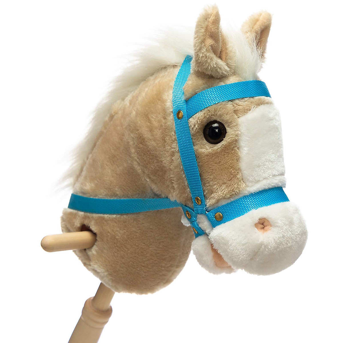 HollyHOME Stick Horse Plush Handcrafted Hobby Horse on a Stick with Wood Wheels Real Pony Neighing and Galloping Sounds for Kids Toddlers Beige 36 Inches(AA Batteries Required)