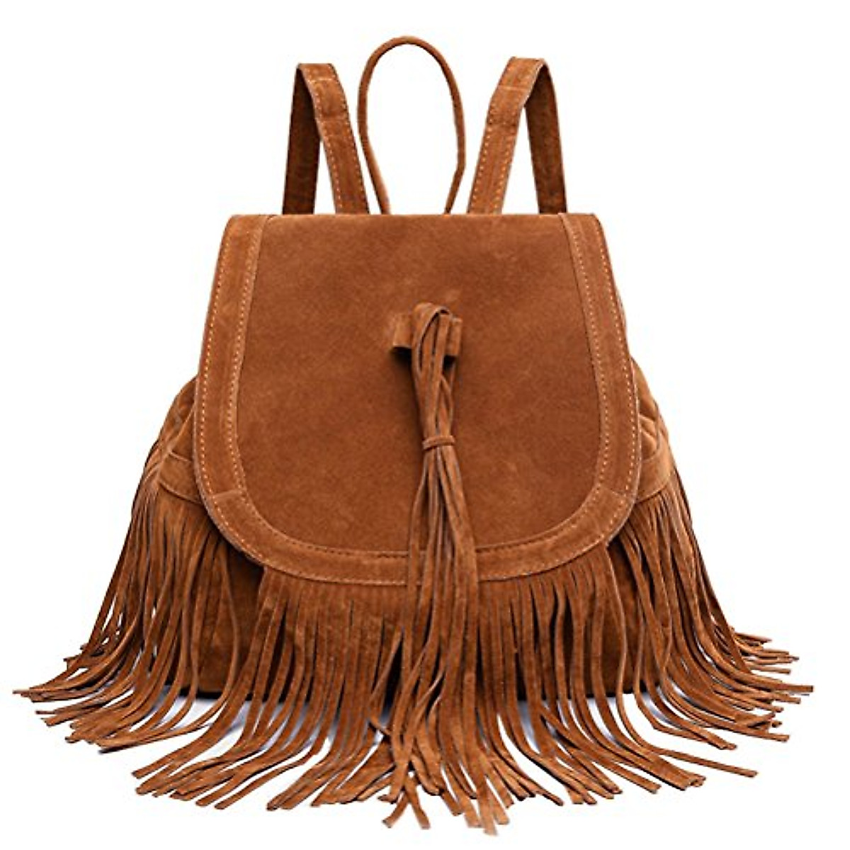 Donalworld Women Tassel Backpack Book Travel Drawstring PU Leather Bag Brown