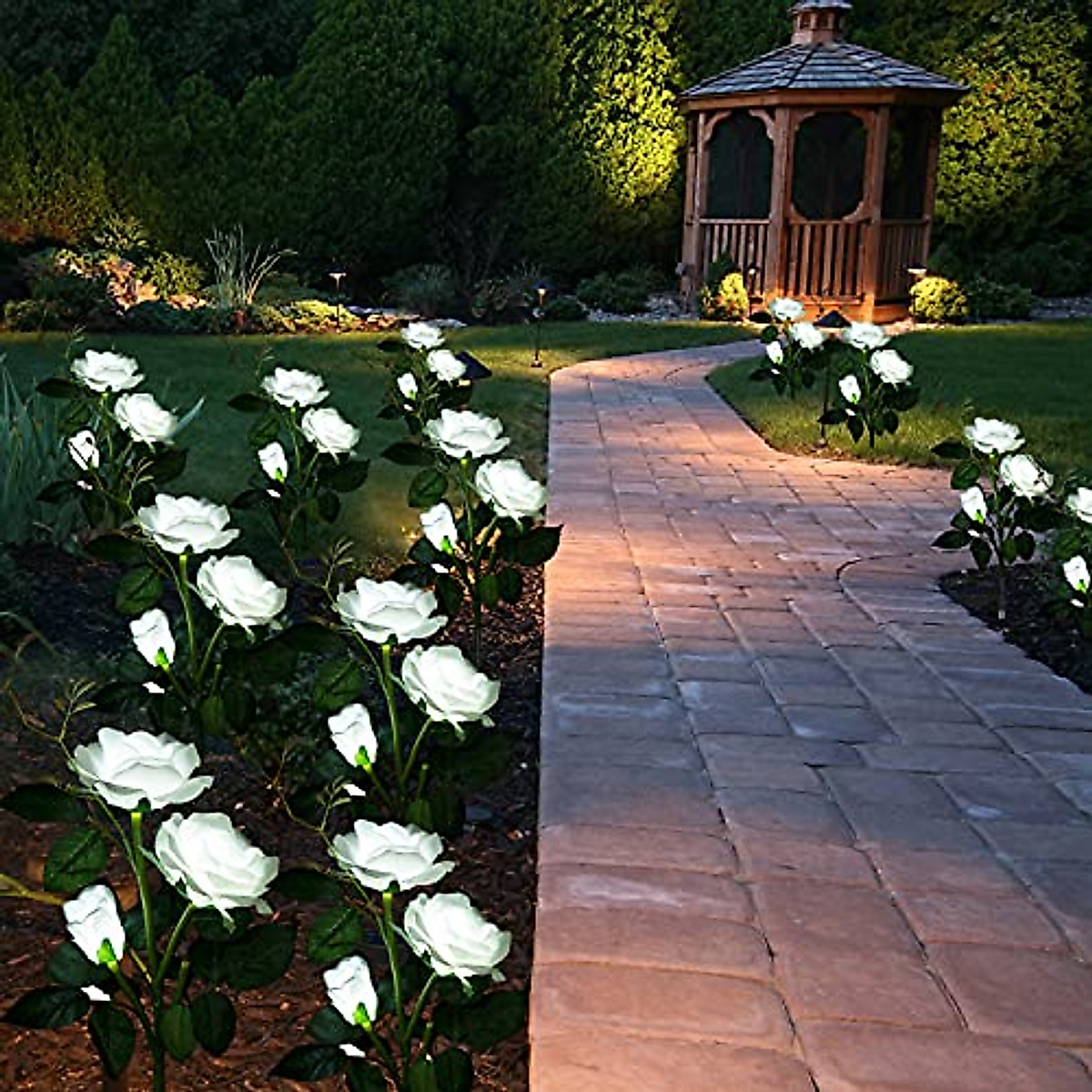 Anordsem 2 Pack Solar Rose Flower Lights, Upgrade Flower Lights Outdoor, Waterproof Solar Garden Stake Lights, Decorative Landscape Lights with 6 Rose Flowers for Backyard, Party, Pathway (White)