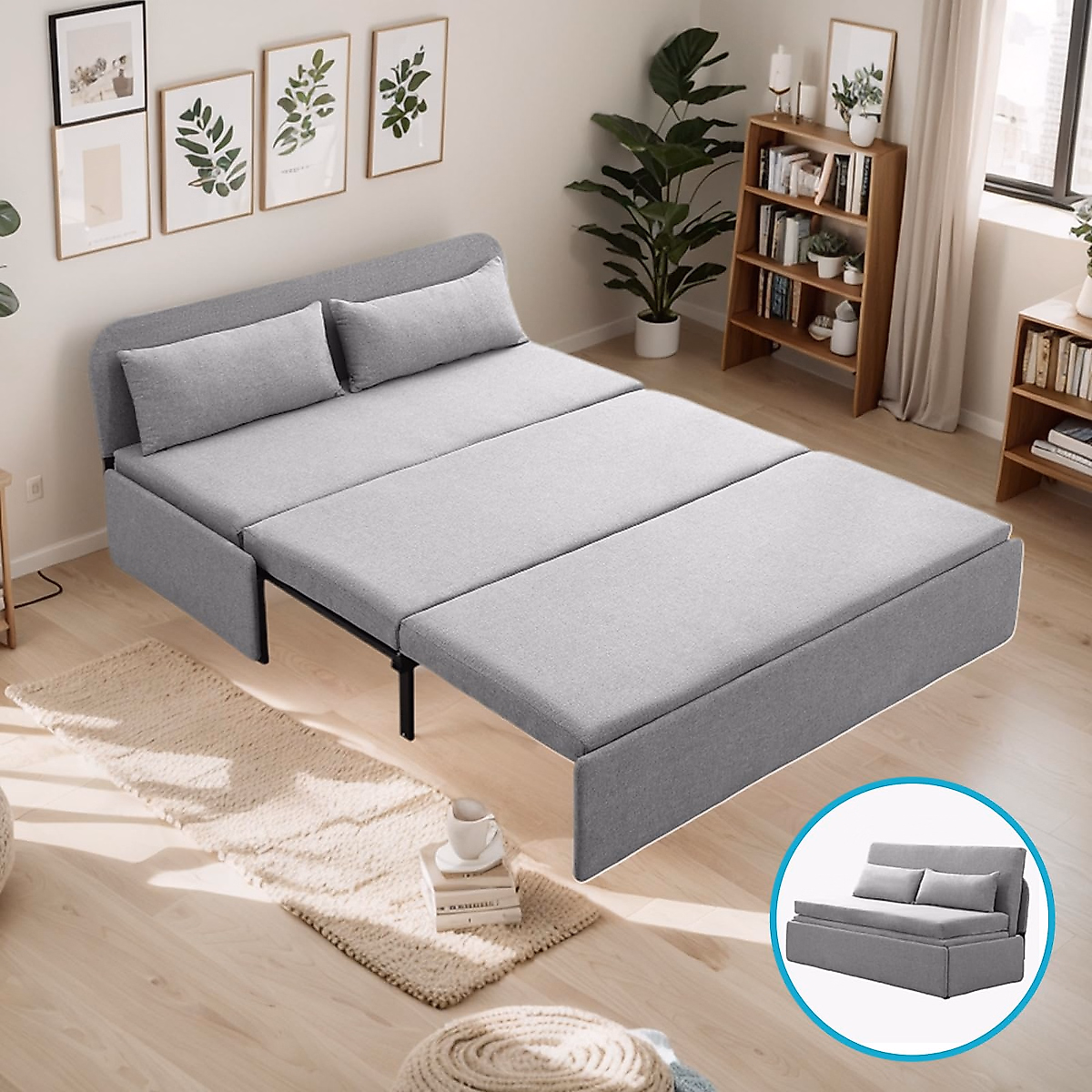 CECER Queen Size Pull Out Sofa Bed, Pull Out Couch Bed with 2 Pillows, Linen Convertible Sleeper Sofa with Foldable Mattress, 2 in 1 Armless Sleeper Sofa for Living Room (Light Grey)