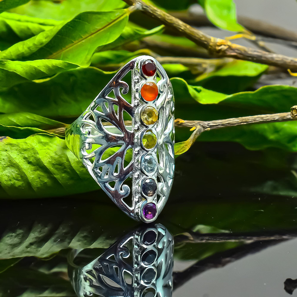 Silver Palace Healing Chakra Gemstone 925 Sterling Silver Long Finger Ring For Women Ring Size 5 to 12