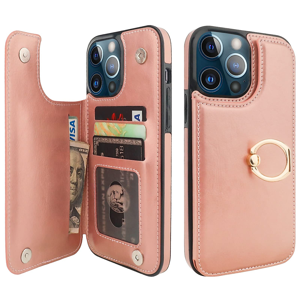 Onetop for iPhone 13 Pro Max Wallet Case with Card Holder, 360° Rotation Ring Kickstand RFID Blocking PU Leather Double Magnetic Clasp Shockproof Cover for Women and Girls 6.7 Inch (Rose Gold)