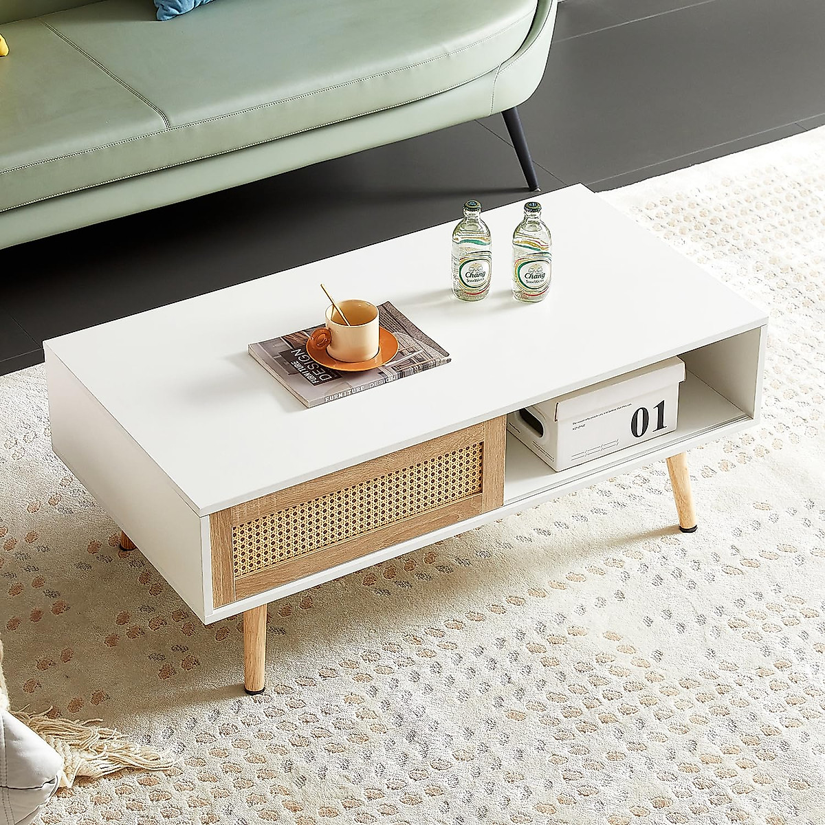 Mid Century Modern Coffee Table with Storage, 41.3 Inch Rectangle Wooden Accent Center Sofa Table with Sliding PE Rattan Woven Door Panel and Solid Wood Legs, Suitable for Living Room, Apartment