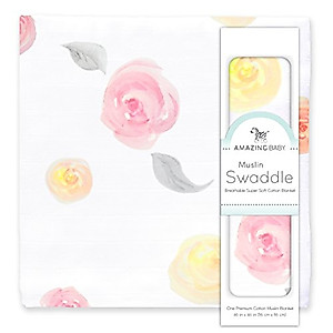 Amazing Baby Muslin Swaddle Blanket, Premium Cotton, Watercolor Roses, Pink, 1 Pack