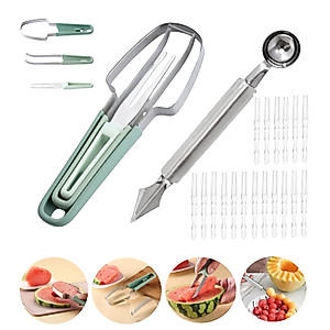 Generic 3-in-1 Watermelon Fork Slicer Cutter, 104Pcs Watermelon Forks Cutter Slicer Tool Kit, Stainless Steel Watermelon Melon Baller Scoop Popsicle Cutter Tool Knife Fruit Forks for Camping Kitchen