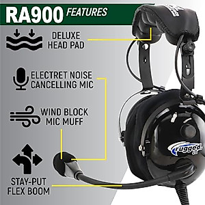 RA900 Premium Aviation Pilot Headset for Flight Instructors Private Pilots Features Clear Hear Speakers Noise Canceling Microphone Gel Ear Seals Custom Fit Headband Mono & Stereo and Free Headset Bag