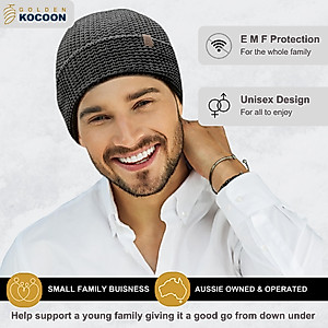 Golden Kocoon®- E-M-F Organic Cotton Beanie with EcoShield™ Tech Bamboo Lyocell Faraday Fabric Silver Liner- Adult Size Hat in Black -5 g, BT, Smart Meters & WiFi- Cocoon Cap
