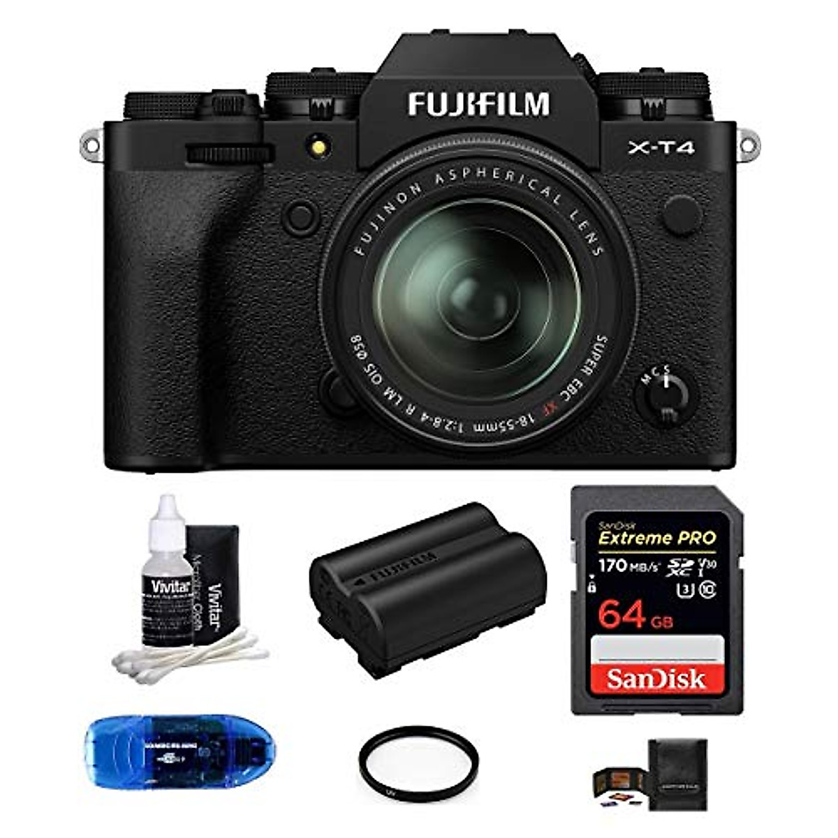 Fujifilm X-T4 Mirrorless Digital Camera with XF 18-55mm f/2.8-4 R LM OIS Lens (Black) Bundle, Includes: SanDisk 64GB Extreme PRO SDXC Memory Card, Spare Fujifilm NP-W235 Battery + More (7 Items)