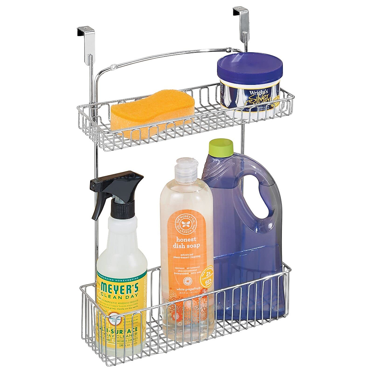 mDesign Steel Over Cabinet Kitchen Storage Organizer Holder or Basket - Hang Over Cabinet Doors in Kitchen, Pantry, Bathroom - Holds Dish Soap, Window Cleaner - Concerto Collection - Chrome