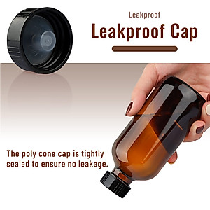 PINIWON 12 Pack 8 oz Amber Glass Bottles, 240ml Boston Round Sample Bottles with Black Poly Cone Caps, Labels and Funnels