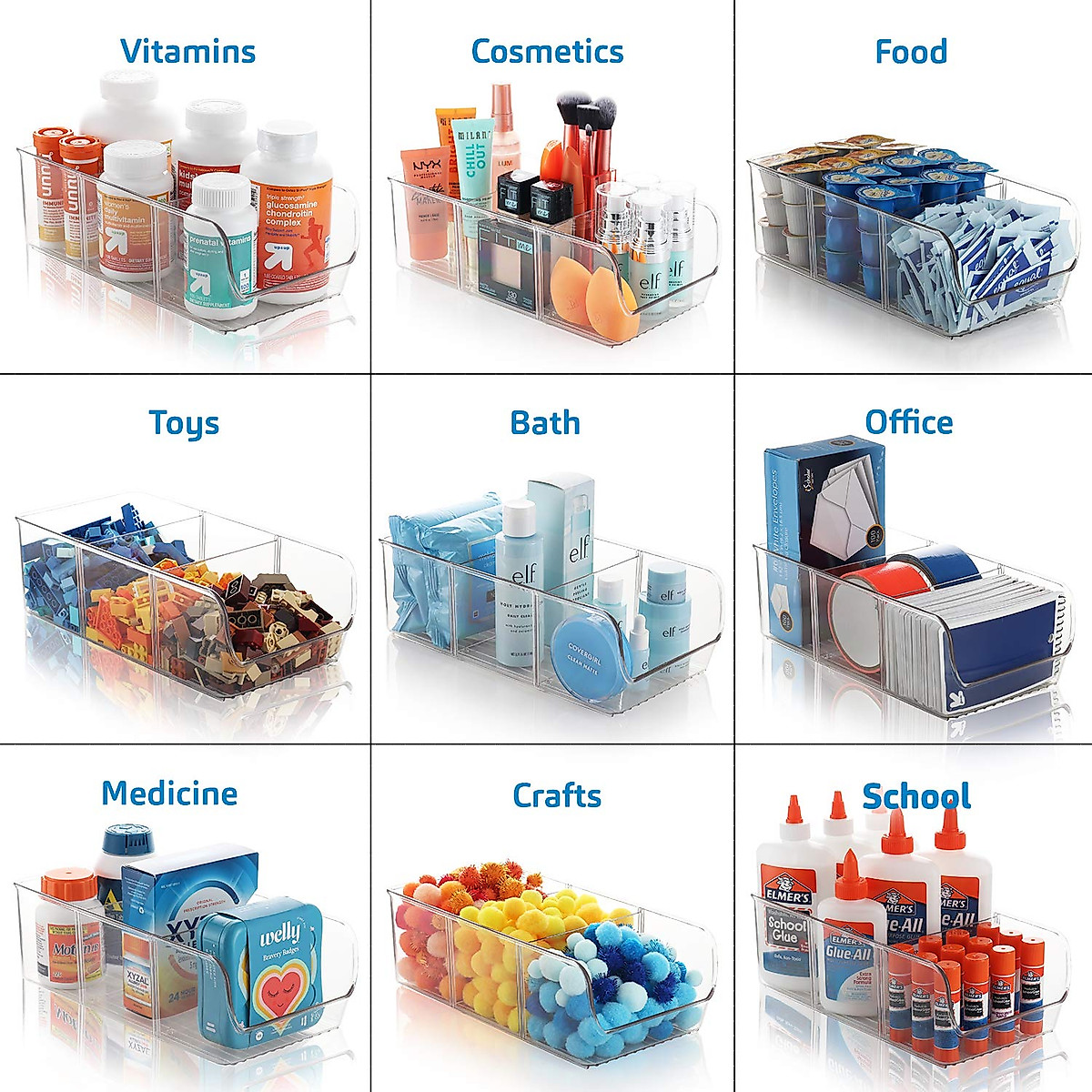 StorageBud Plastic Food Storage Bins with Handles, 4 Pack, Kitchen Pantry, Refrigerator, Cabinet Organizers for Dried Goods, Fruit, Pasta, or Snacks, Clear BPA Free Containers