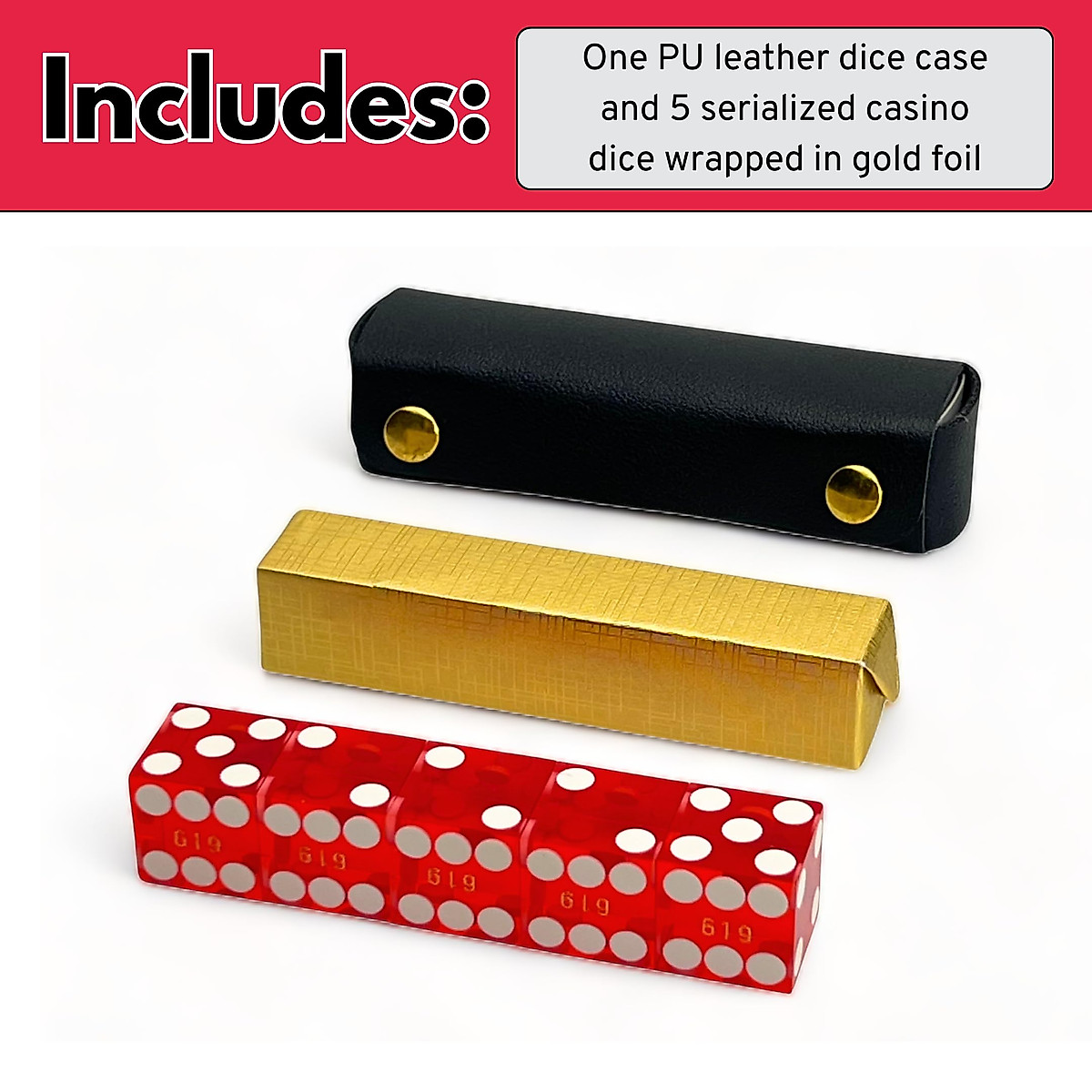 Luck Lab Grade AAA 19mm Casino Dice with Razor Edges and Matching Serial Numbers Set of 5 and Leather Dice Case (Red)