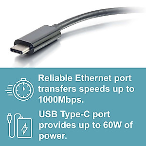 C2G 29749 USB C Adapter and Ethernet Adapter with Power, Black