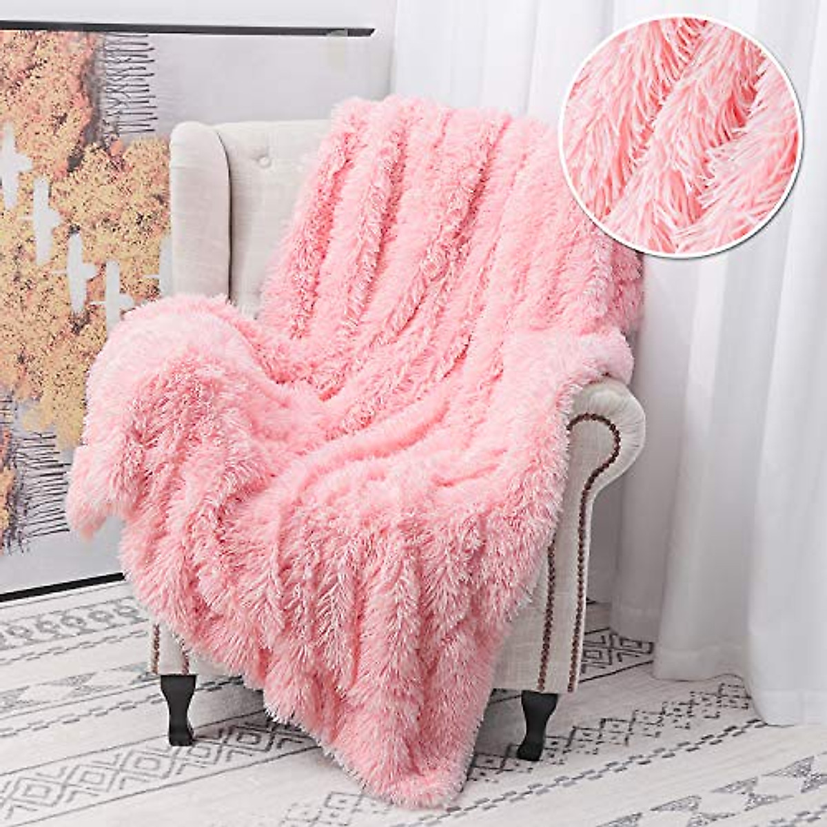 Zareas Soft Faux Fur Throw Blanket, 50" x 60" Plush Sherpa Blanket for Couch, Thick Warm Blankets for Winter, Fluffy Fleece Blanket, Christmas Blanket, Fuzzy Comfy Velvet Blanket for Bed Sofa, Pink