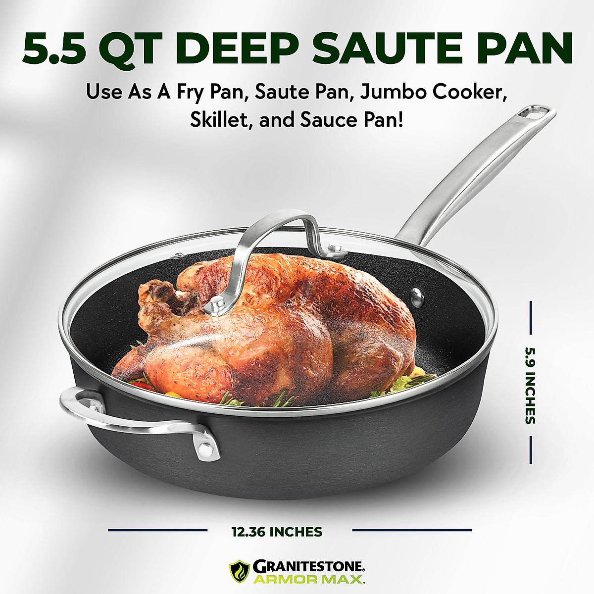 Granitestone Armor Max 5.5 Quart.Sauté Pan with Lid - 12 Inch Non Stick Deep Frying Pan with Lid, Large Frying Pan, Oven Safe Skillet with Lid, Multipurpose Jumbo Cooker, Stovetop/Dishwasher Safe…
