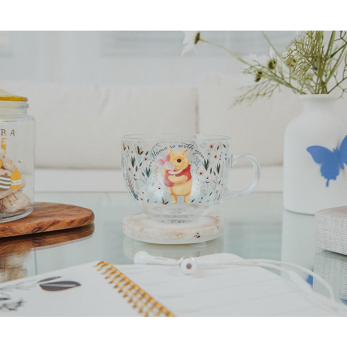 Disney Winnie the Pooh and Piglet Floral Glass Mug | Large Coffee Cup For Espresso, Tea, Mocha | Holds 16 Ounces