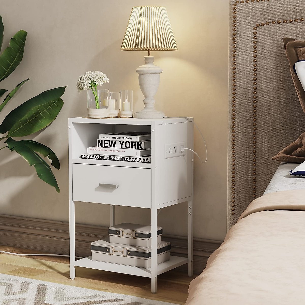 LDTTCUK Nightstand with Charging Station, Modern End Table with Drawer, White Bedside Table with Open Storage for Bedroom