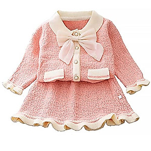 Toddler Baby Girls Fall Winter Outfit Long Sleeve Knitted Buttons Sweater Tops Mini Skirt Birthday Princess Cardigans Bowknot Ruffle Knit Autumn Spring Winter Clothes Set Pink-Bowknot 12-18 Months
