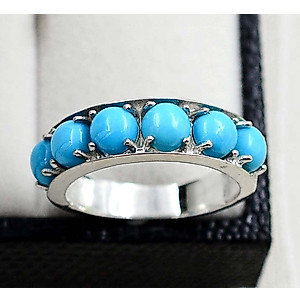5 MM Round Cabochon Natural Sleeping Beauty Turquoise Gemstone 925 Sterling Silver December Birthstone Cluster Unisex Proposal Ring For Girlfriend Gift (Rhodium Plated Silver, 9.5)