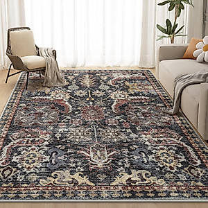 Smiry Boho Area Rug 4x6, Non Slip Vintage Rugs for Living Room, Faux Wool Fiber and Machine Washable for Bedroom Dining Room Kitchen Laundry Home Office, Rust