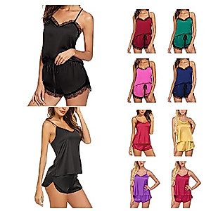 Soft Womens Pajama Sets Lace Pajamas Cami PJS Set Lace Trim Cute Teen Girls Sleepwear Pajama Set for Women