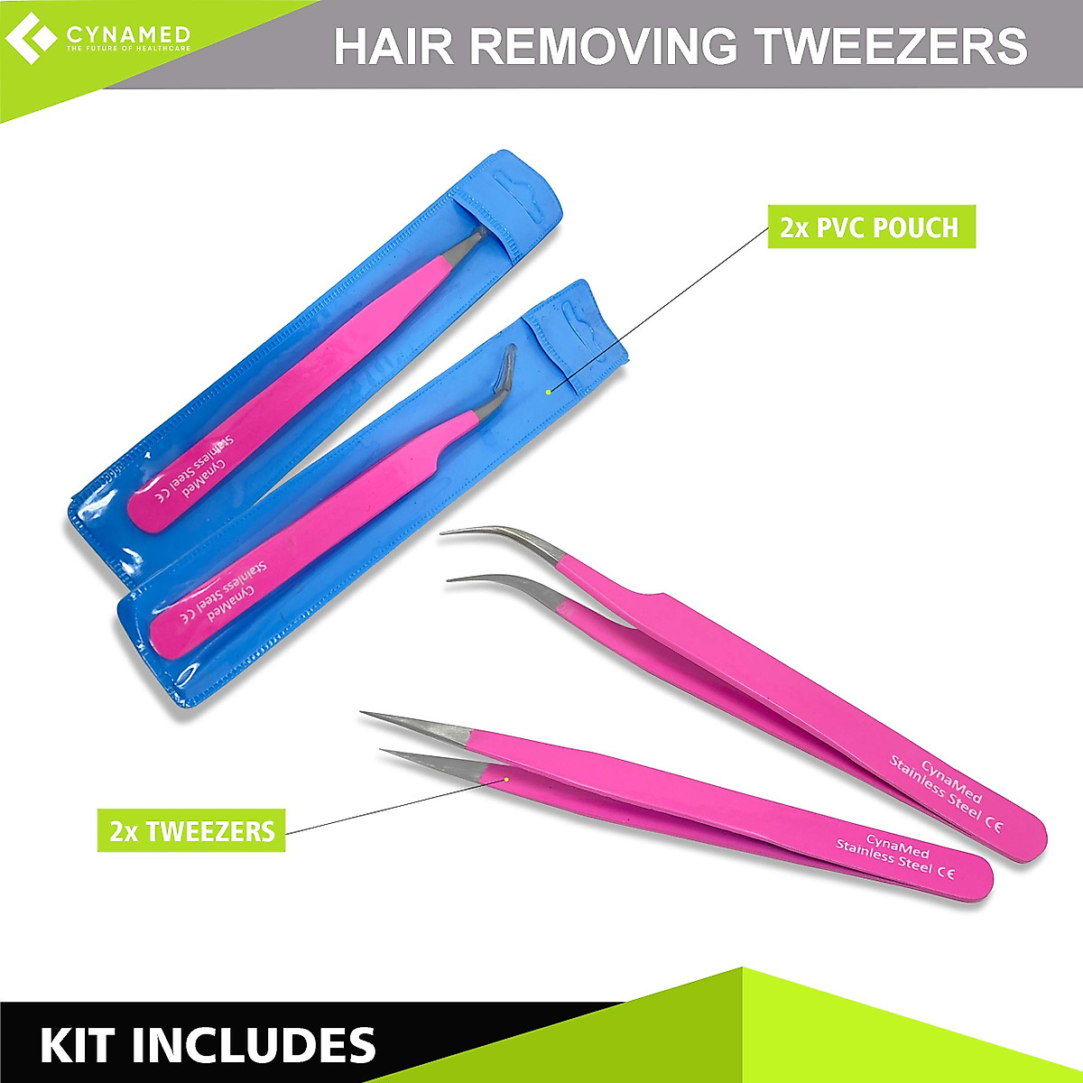 CynaMed Pink Eyelash Extension Tweezers Set (2-Pack) – Straight and Curved Stainless Steel Precision Tweezers for Volume Lash Extensions