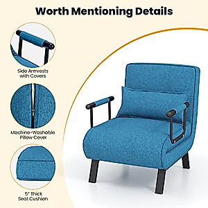 Giantex Convertible Sofa Bed, 4-in-1 Sleeper Chair with Pillow, Modern Recliner Guest Bed with 6 Positions Adjustable Backrest, Metal Legs, Linen Fabric Armchairs for Nursery Living Room Office (Blue)