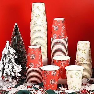 SUMAJU 100 Pcs Christmas Snowflake Paper Cups, 9 OZ Disposable Christmas Paper Cups Winter Coffee Cups Red White Snowflake Christmas Cups Drinking Tea Xmas Paper Cups for Daily Use Holiday Party