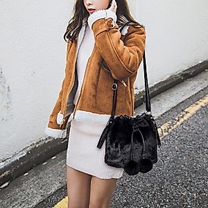 Van Caro Women’s Faux Fur Drawstring Bucket Bag Shoulder Crossbody Bag, Black