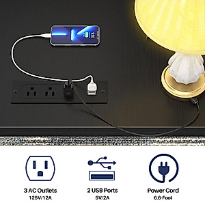 Foxemart 47 Inch Computer Desk with Magic Power Outlets and USB Charging Ports, Sturdy Modern Office Desks with Storage Bag and Hook, PC Laptop Study Writing Table, Simple Gaming Desk, Black