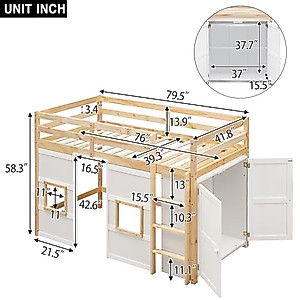 BOVZA Twin Size Loft Bed with Built-in Storage Wardrobe and 2 Windows, Wood Playhouse Loft Bed Frame with High Guard Rails for Kids Boys Girls Teens, Natural+White