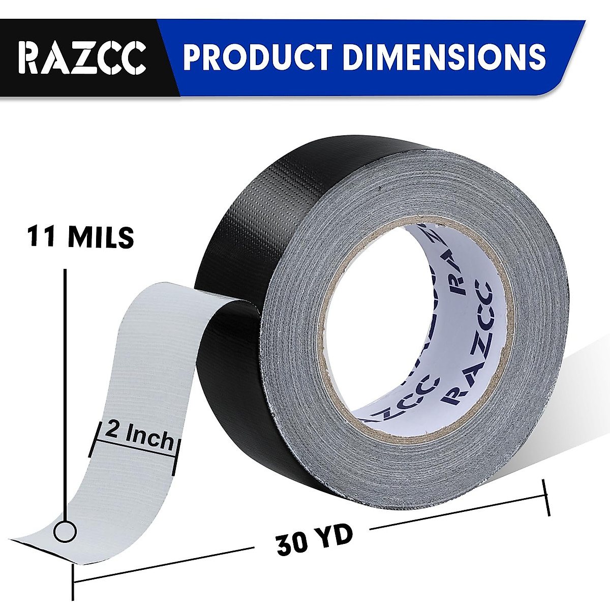 RAZCC Duct Tape, 6 Rolls Black Duct Tape,Heavy Duty, Flexible, No Residue, All-Weather and Tear by Hand, 30 Yard x 2 Inch Per Roll - Bulk Value for Indoor & Outdoor Repairs, Industrial Use