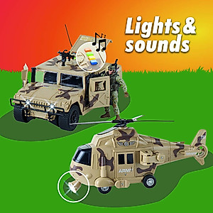 Dazmers Military Army Toys, Action Soldier Figures and Vehicles Set - Army Helicopter Toy, Truck, Quadbike - Lights and Sounds - Friction Powered Army Trucks