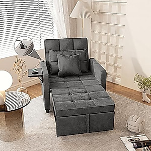 Vabches Sofa Bed Chair with Wing Table and USB Ports Outlet, 3-in-1 Sofa Chair Bed with Two Pillows, Velvet Sleeper Chair with Adjustable Backrest, Easy Assembly, Dark Grey